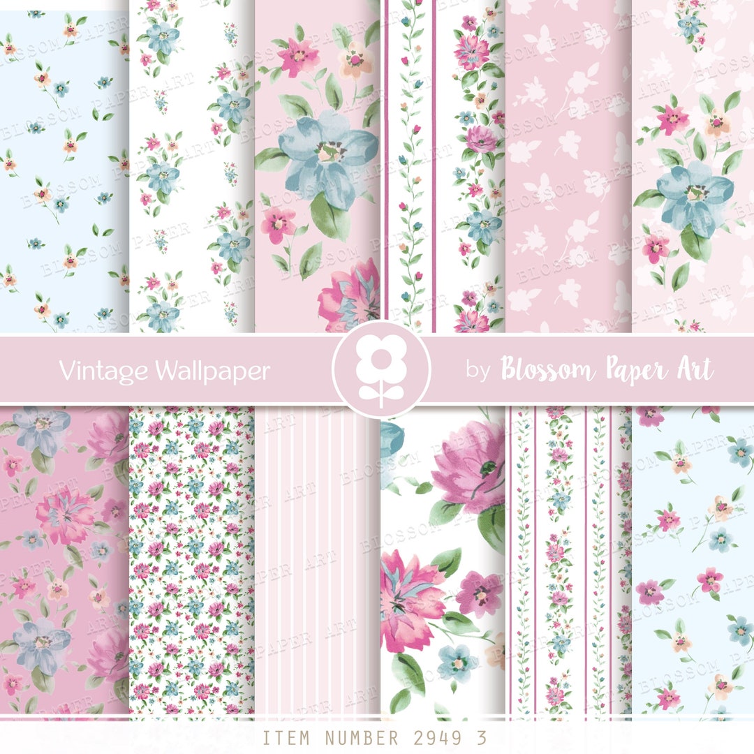 Digital Paper, Floral Digital Paper Pack, Pink and Light Blue Scrapbook ...