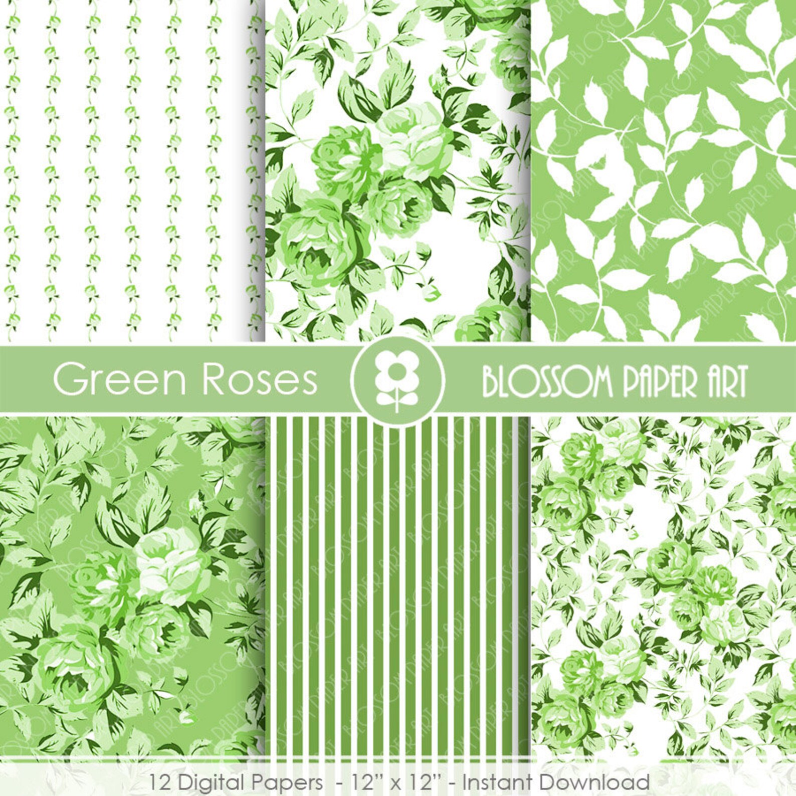 Green Digital Paper Green Digital Paper Pack Green Roses | Etsy