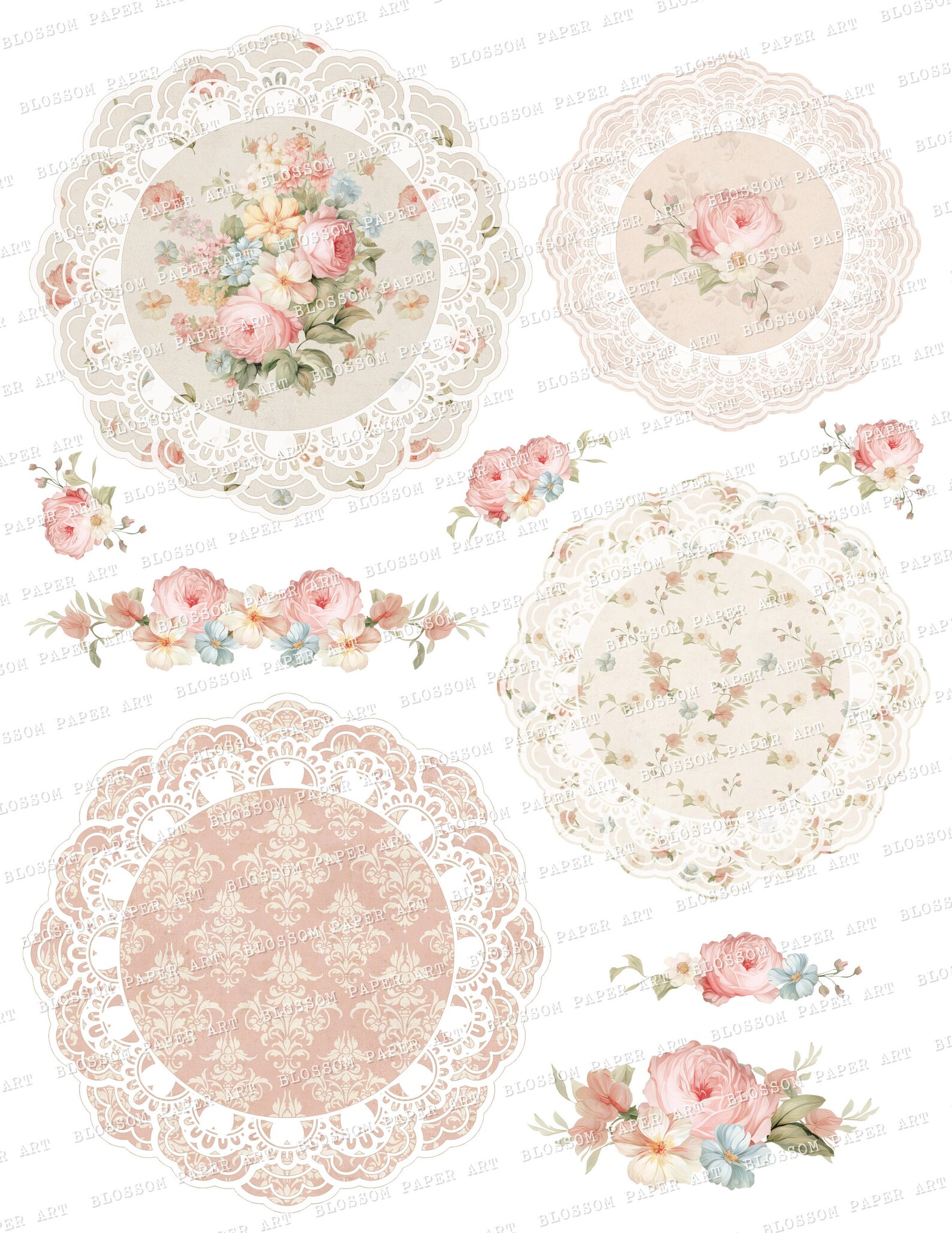 Floral Doily Digital Paper: Rose Collage Sheet (digital Download ...