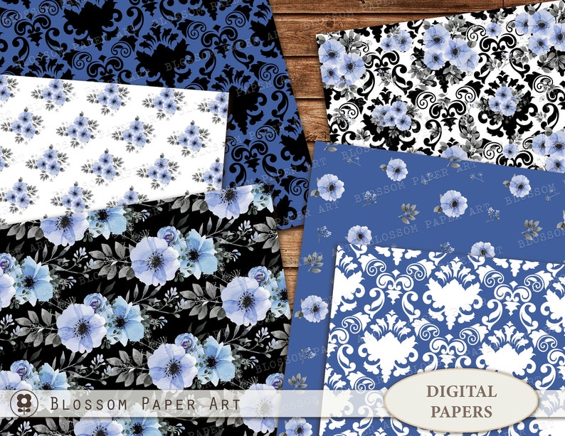Black and Blue Digital Paper Floral Digital Paper Pack | Etsy