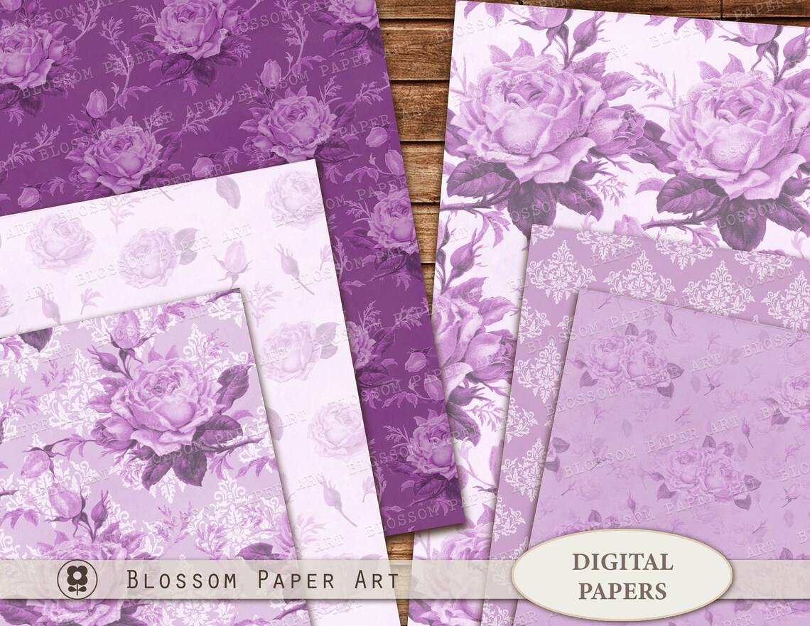 Purple Digital Paper Shabby Chic Scrapbook Paper Pack Roses - Etsy