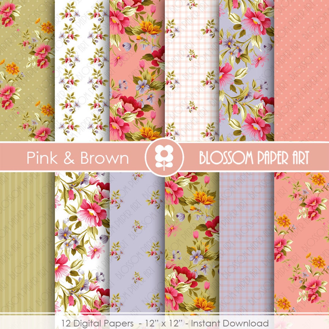 Floral Digital Paper, Pink Floral Digital Paper Pack, Pink Brown ...