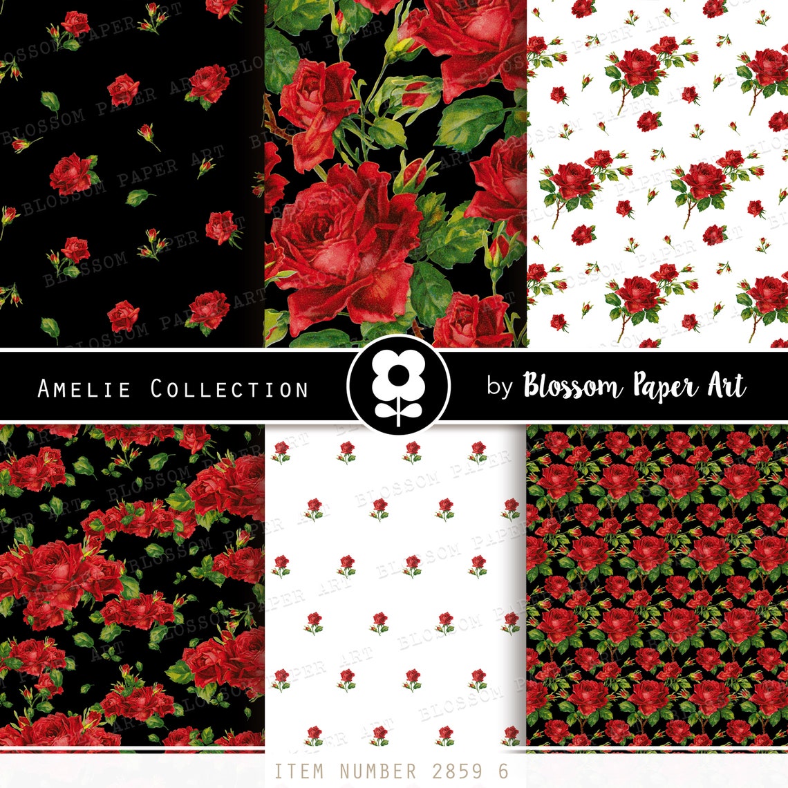 Black and Red Digital Paper Roses Scrapbook Papers Floral | Etsy