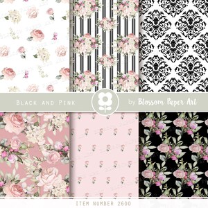 Floral Pink and Black Digital Paper Pack: Scrapbooking (instant ...