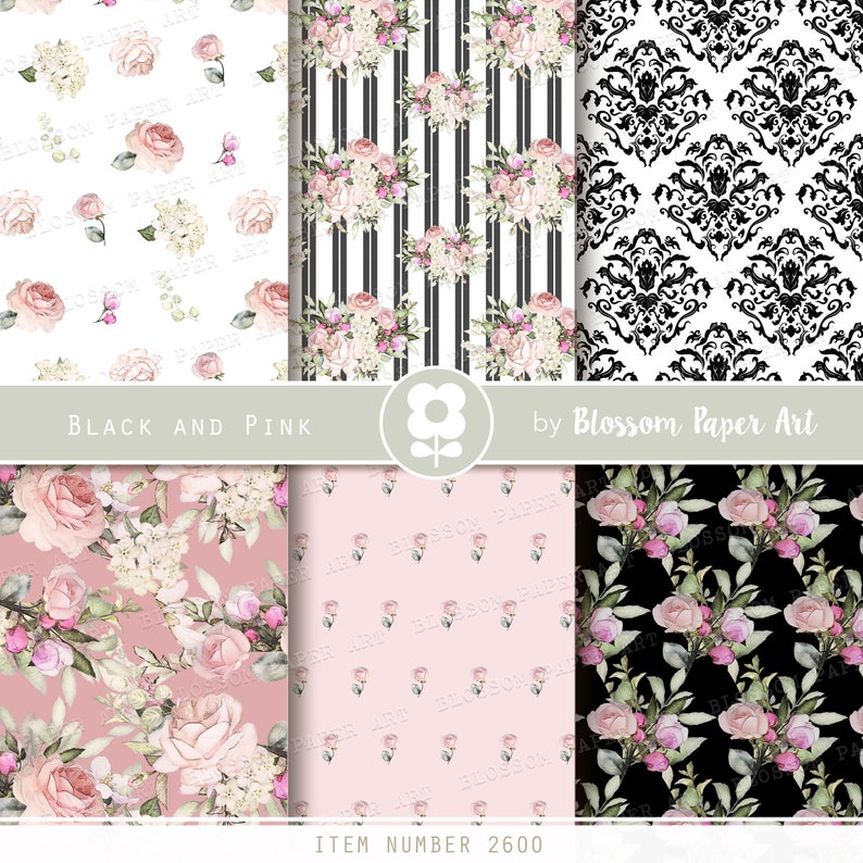 Floral Pink and Black Digital Paper Pack: Scrapbooking (instant ...