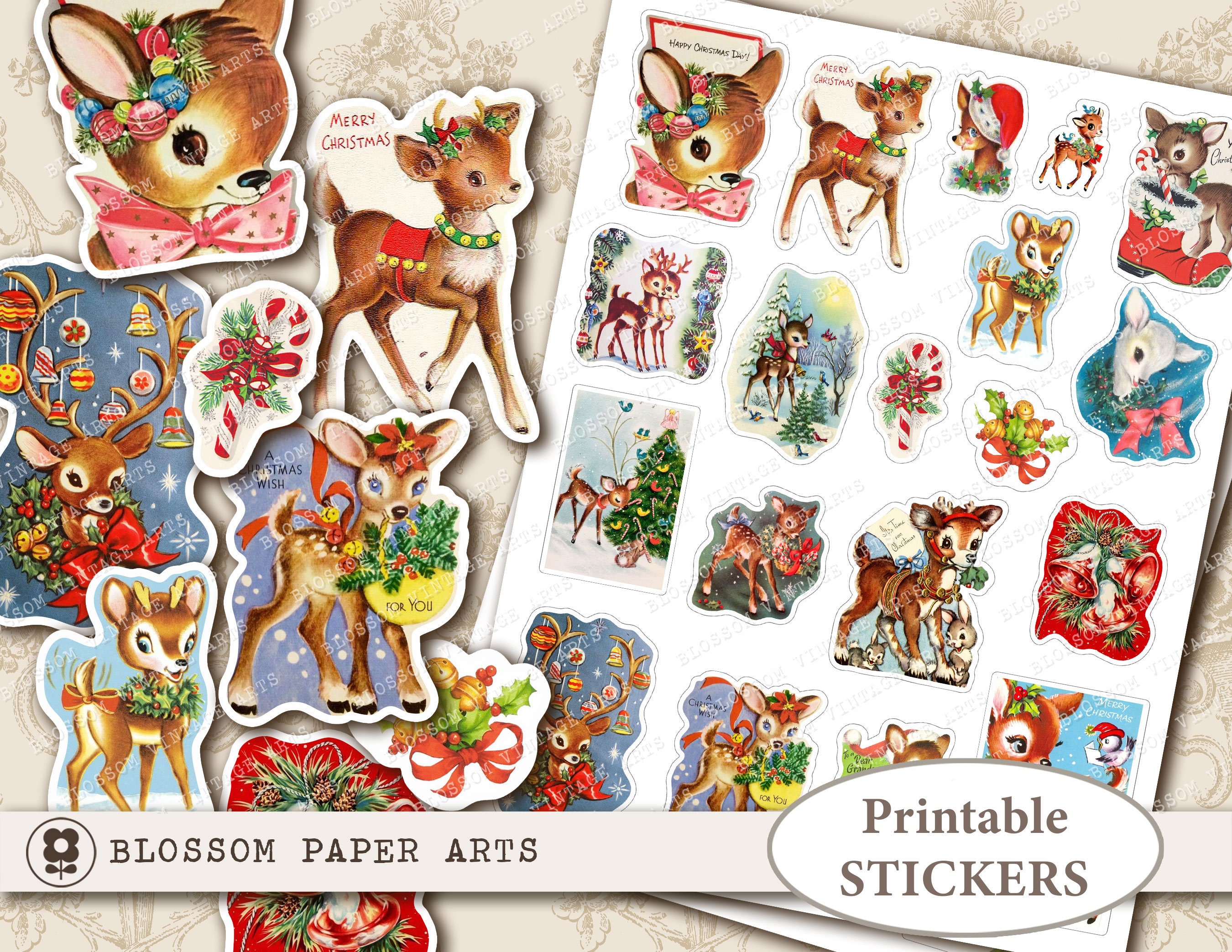 Printable Stickers Vintage Deer Christmas Stickers Digital - Etsy