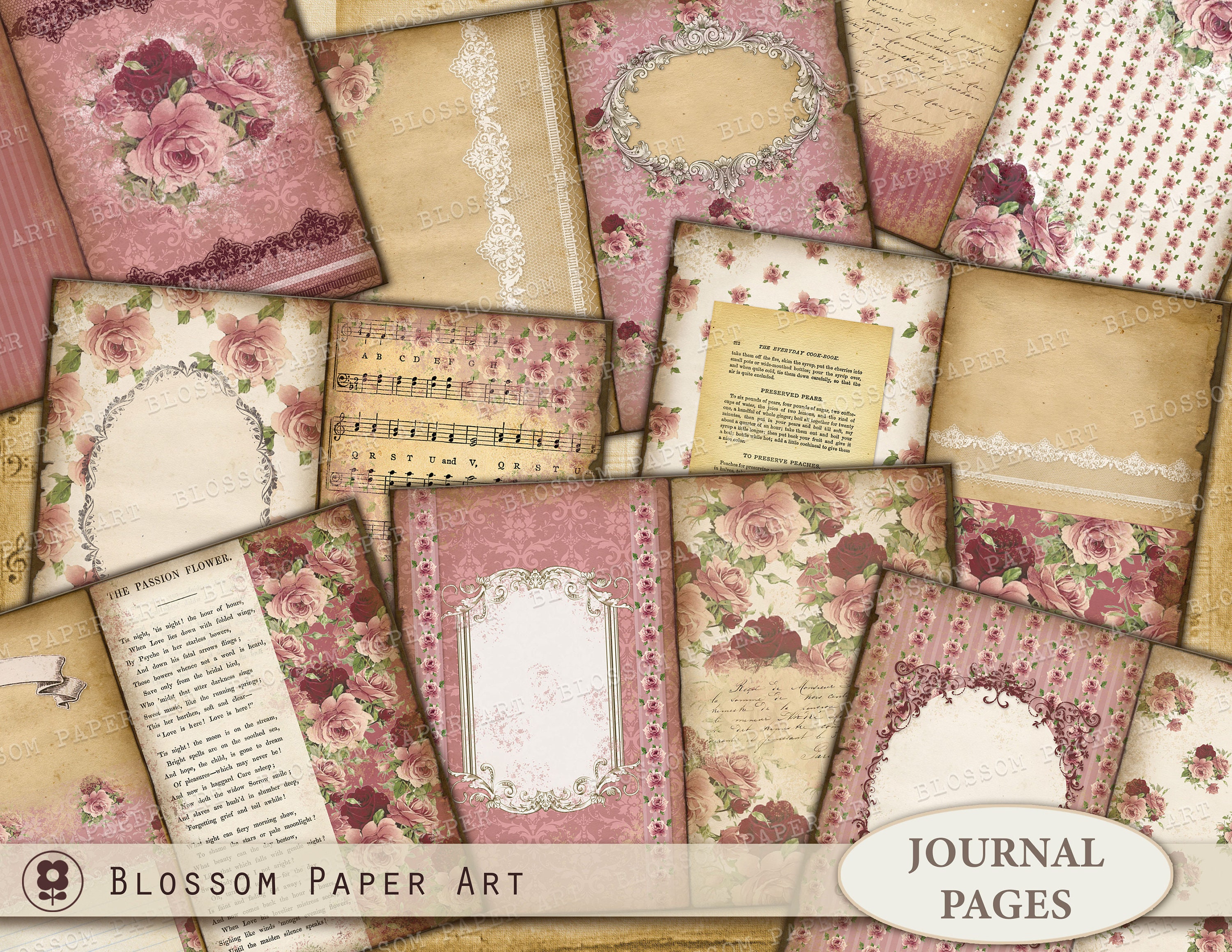 Floral Pink Vintage Papers Journaling Collage 2570 Vintage Roses Junk ...