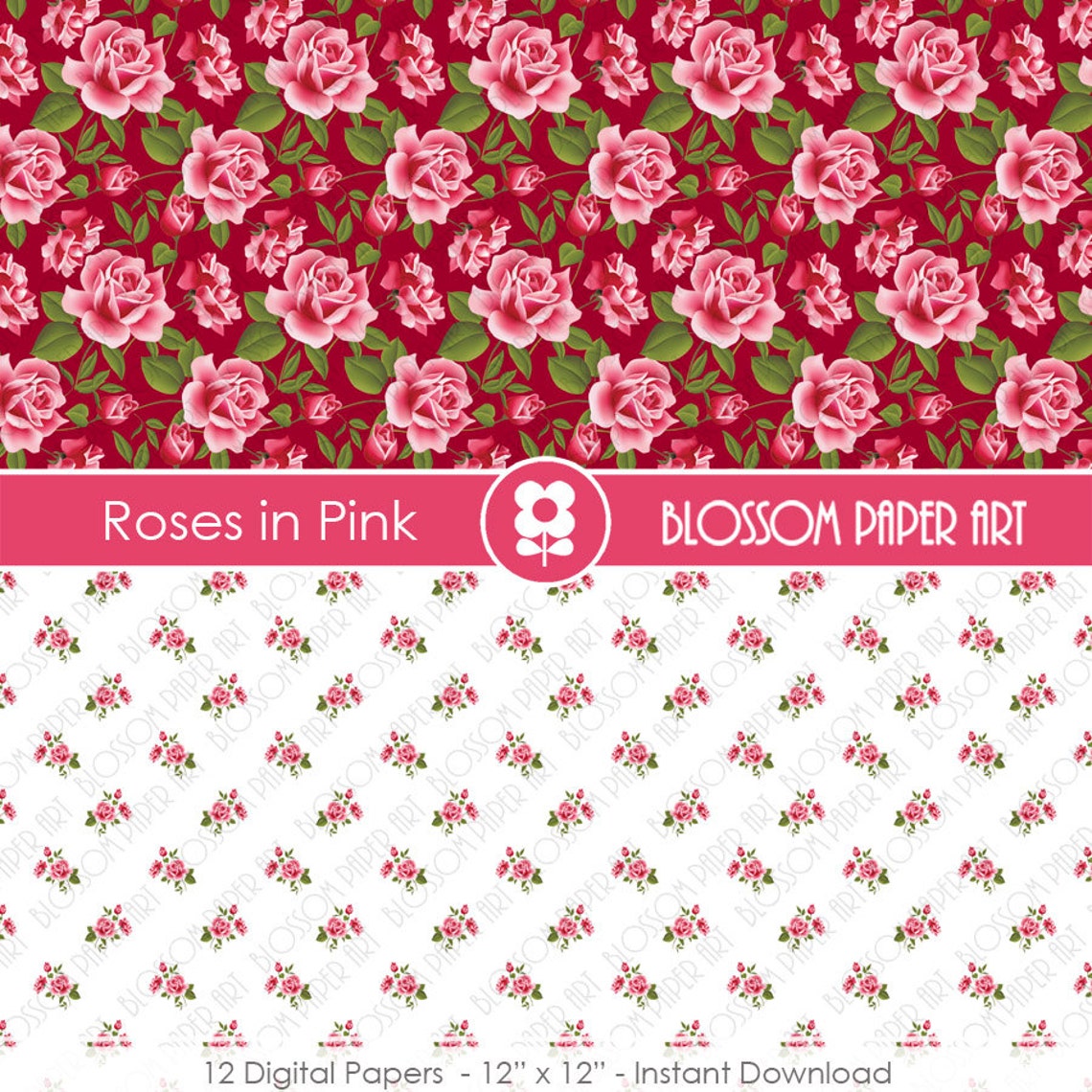 Rose Digital Paper Pink Rose Digital Paper Pack Pink Floral - Etsy
