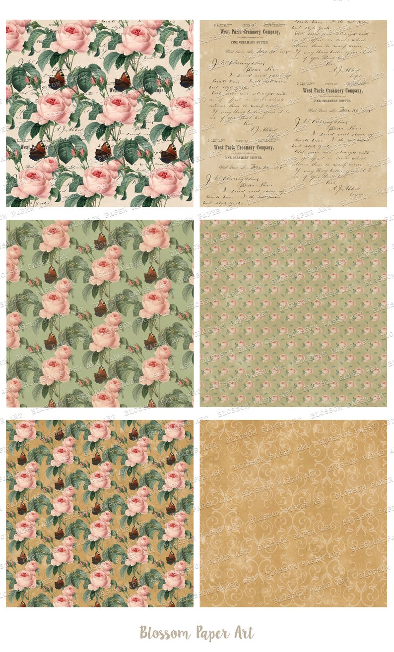 Rose Digital Paper Pack: Vintage Floral Scrapbooking (instant Download ...