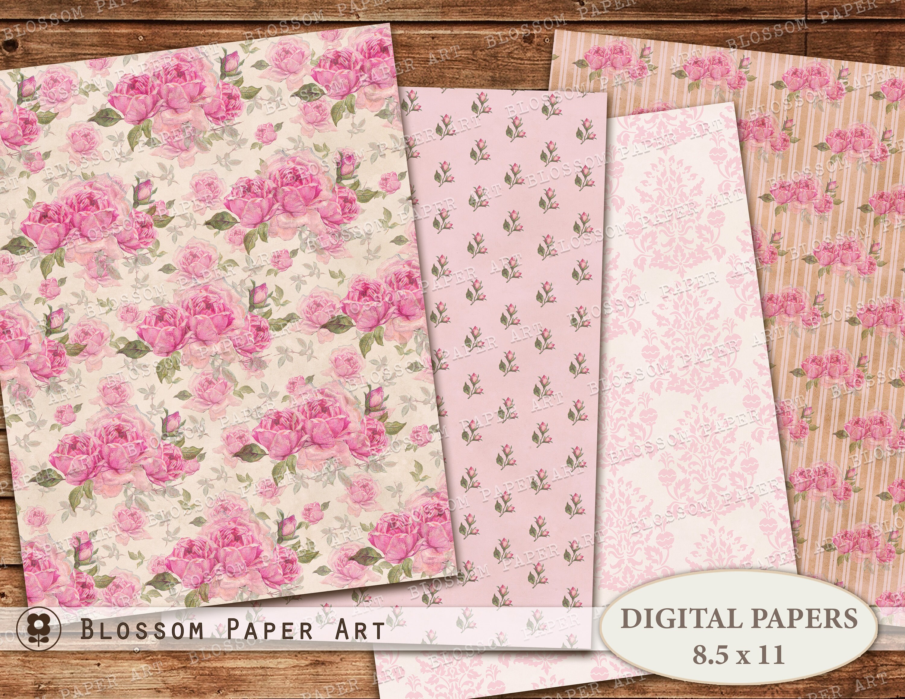 Pink Digital Paper Roses Scrapbook Paper Floral Collage | Etsy