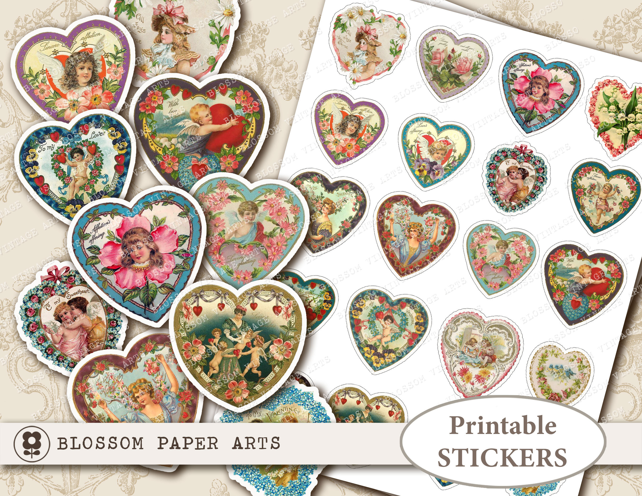 VINTAGE Hearts Valentine Stickers Digital Collage Printable | Etsy
