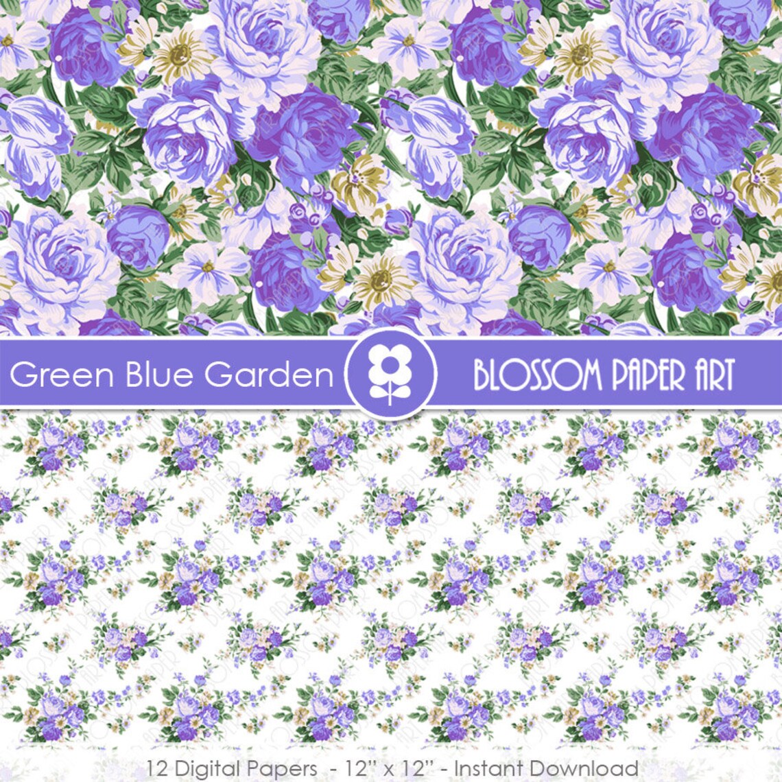 Blue Digital Paper Floral Digital Papers Rose Digital | Etsy
