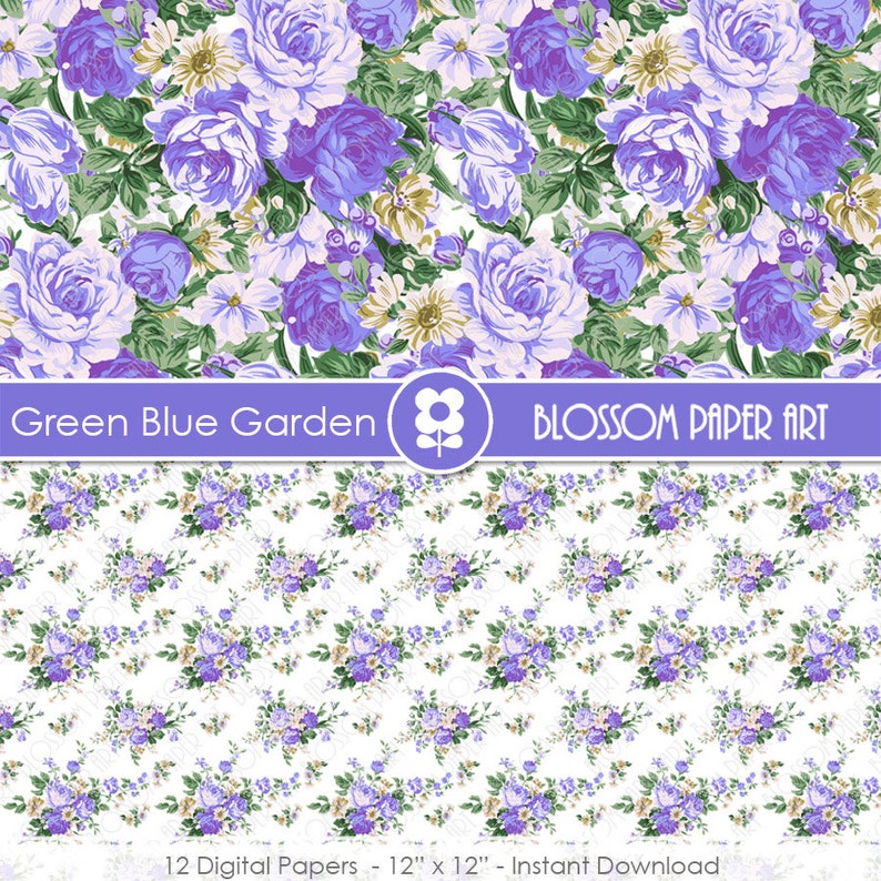 Blue Digital Paper Floral Digital Papers Rose Digital - Etsy