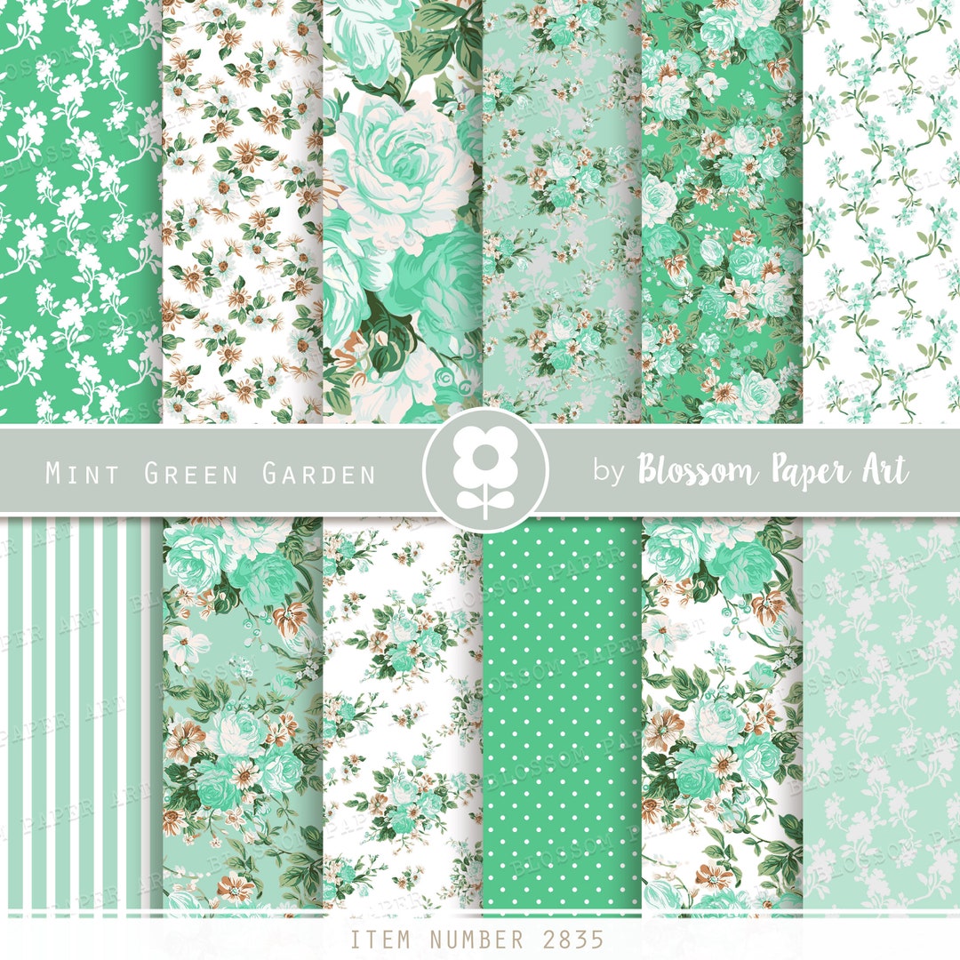 Mint Green Floral Digital Paper Pack: Rose Scrapbooking Papers (digital ...