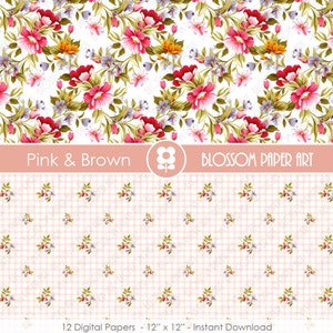 Floral Digital Paper, Pink Floral Digital Paper Pack, Pink Brown ...