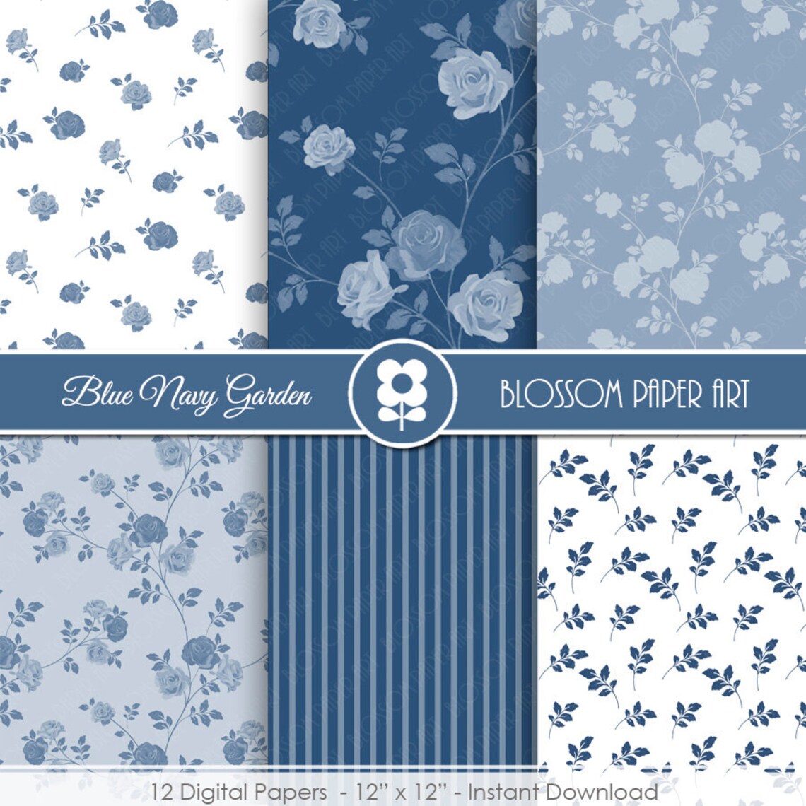 Blue Navy Digital Paper Blue Floral Digital Paper Pack Roses - Etsy UK