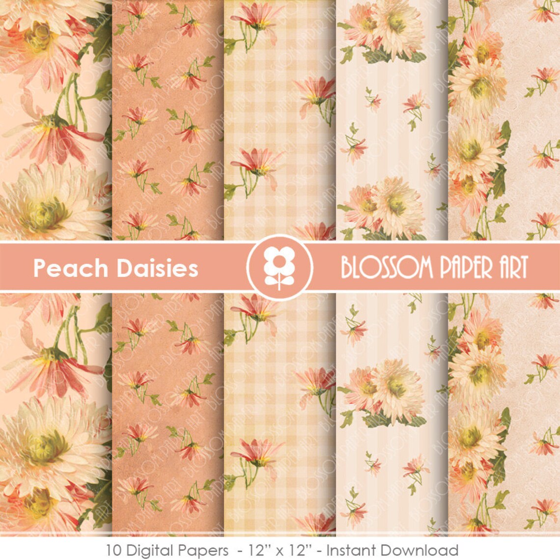 Digital Paper Peach Digital Paper Pack Daisies Floral - Etsy