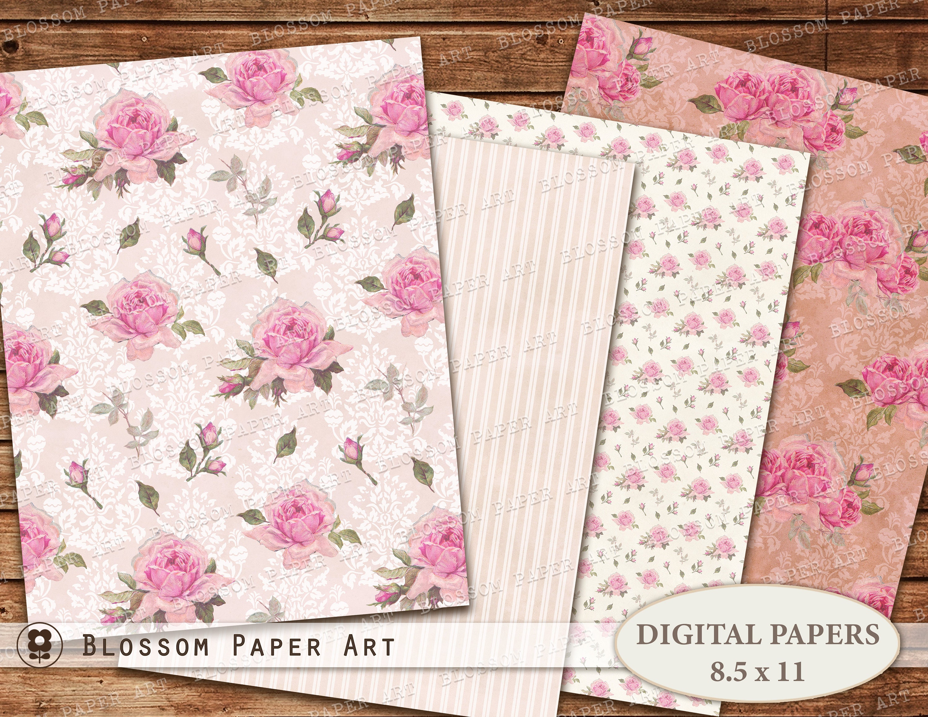 Pink Digital Paper Roses Scrapbook Paper Floral Collage | Etsy