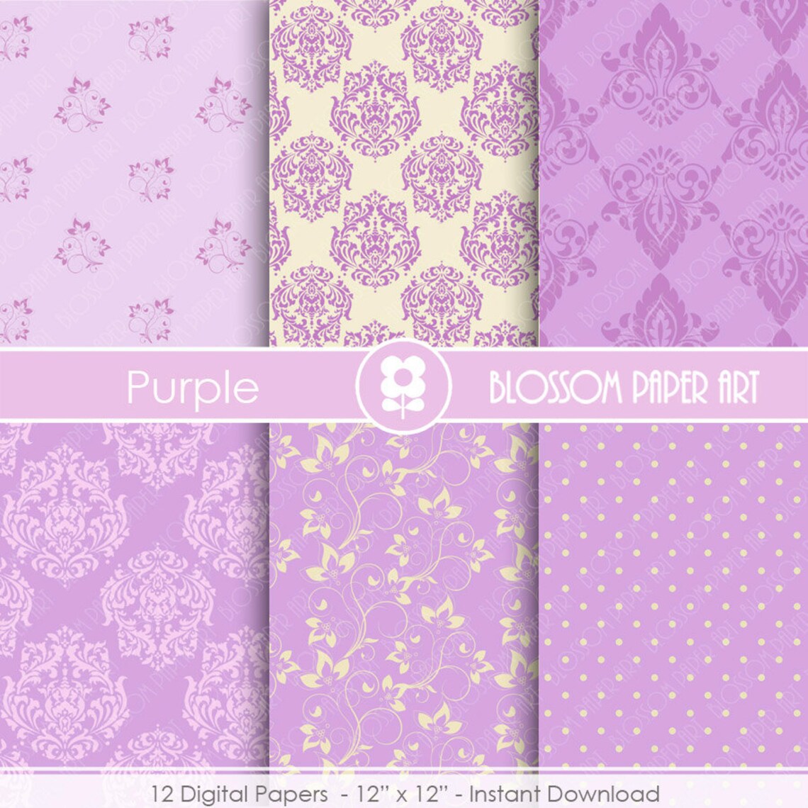 Purple Damask Digital Paper Pack: Floral Wedding Scrapbook (digital ...