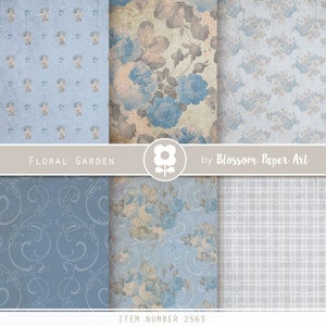 Blue Floral Digital Paper, Vintage Scrapbook Paper, Roses Collage Sheet ...
