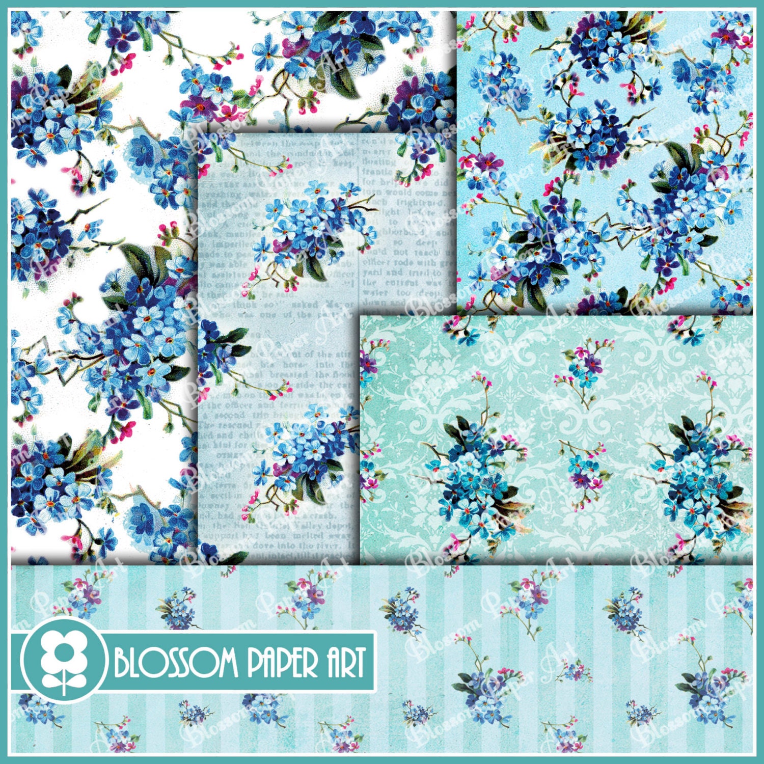Digital Paper Blue Flowers Digital Paper Pack Digital | Etsy