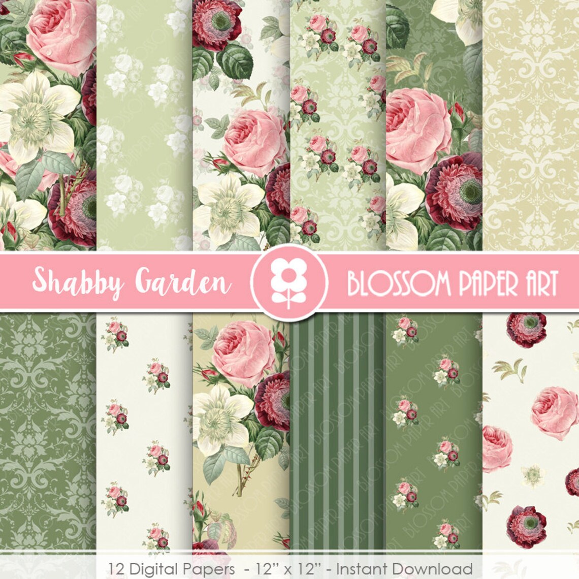 Green Rose Digital Paper Floral Digital Paper Pack Vintage - Etsy