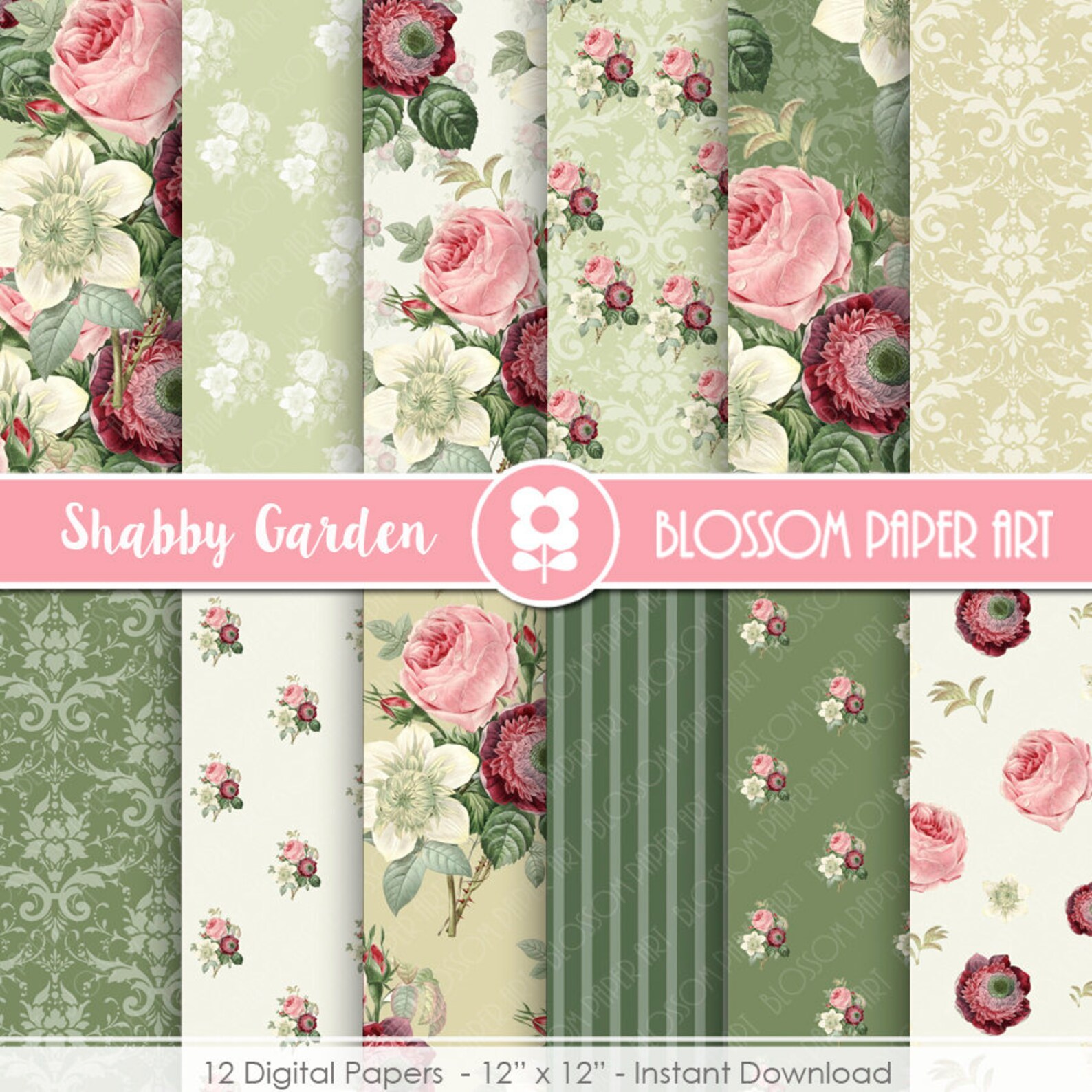 Green Rose Digital Paper Floral Digital Paper Pack Vintage - Etsy