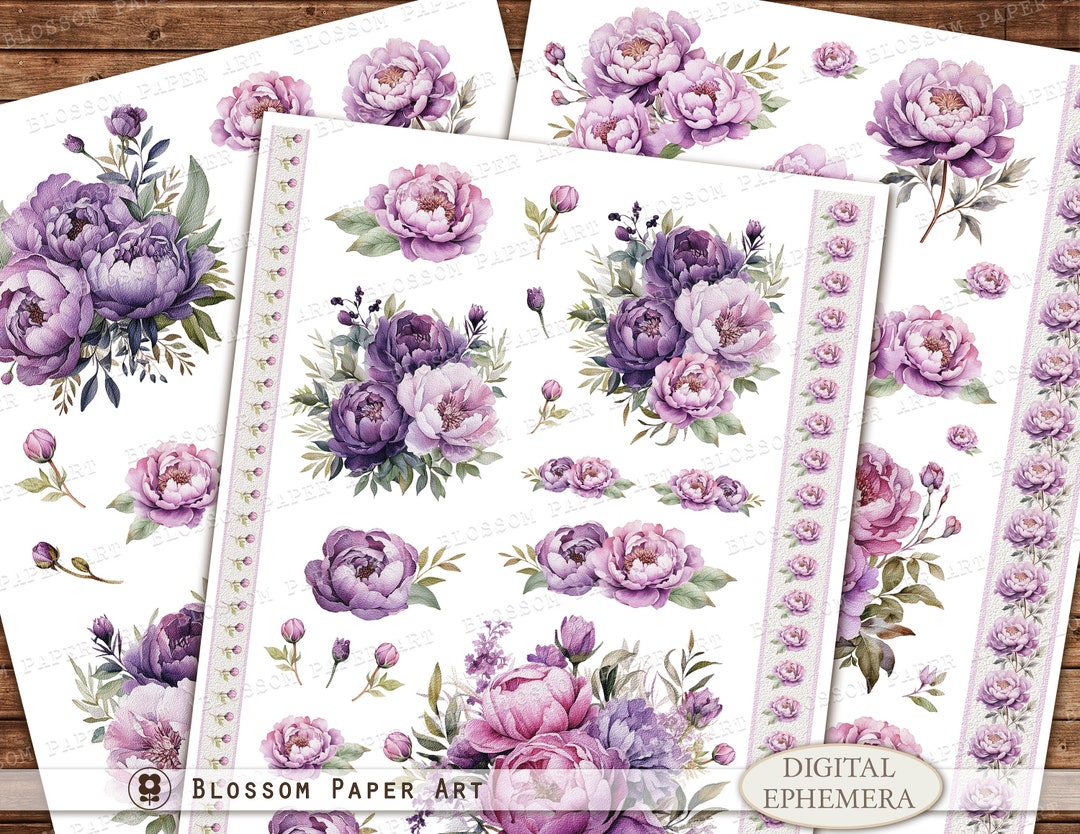 Purple Flowers Printable: Floral Collage Sheet for Scrapbooking ...