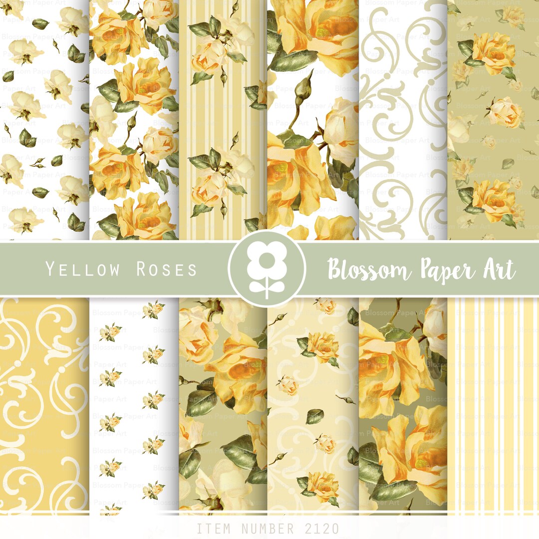Yellow Digital Paper, Floral Digital Paper Pack, Floral Digital ...