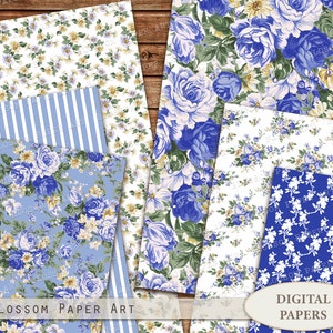 Blue Digital Papers, Floral Digital Paper Pack, Rose Digital ...