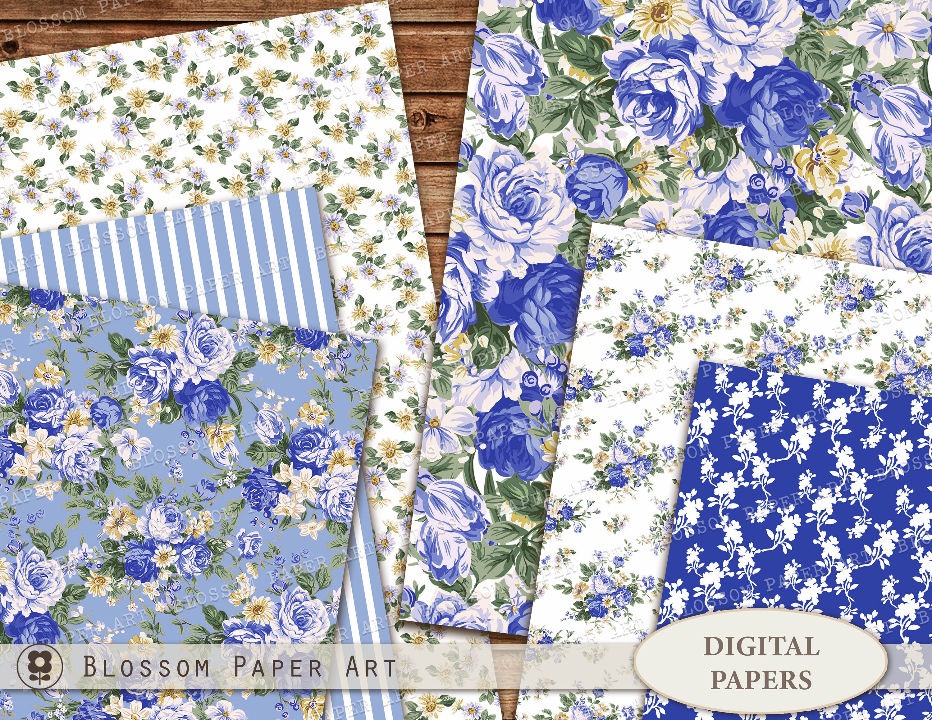 Blue Digital Papers Floral Digital Paper Pack Rose Digital | Etsy