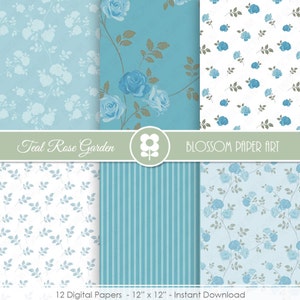 Teal Digital Paper, Floral Digital Papers, Floral Digital Scrapbooking ...