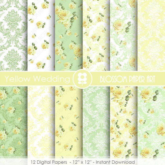 Yellow Wedding Scrapbook Paper Green Floral Digital Paper | Etsy
