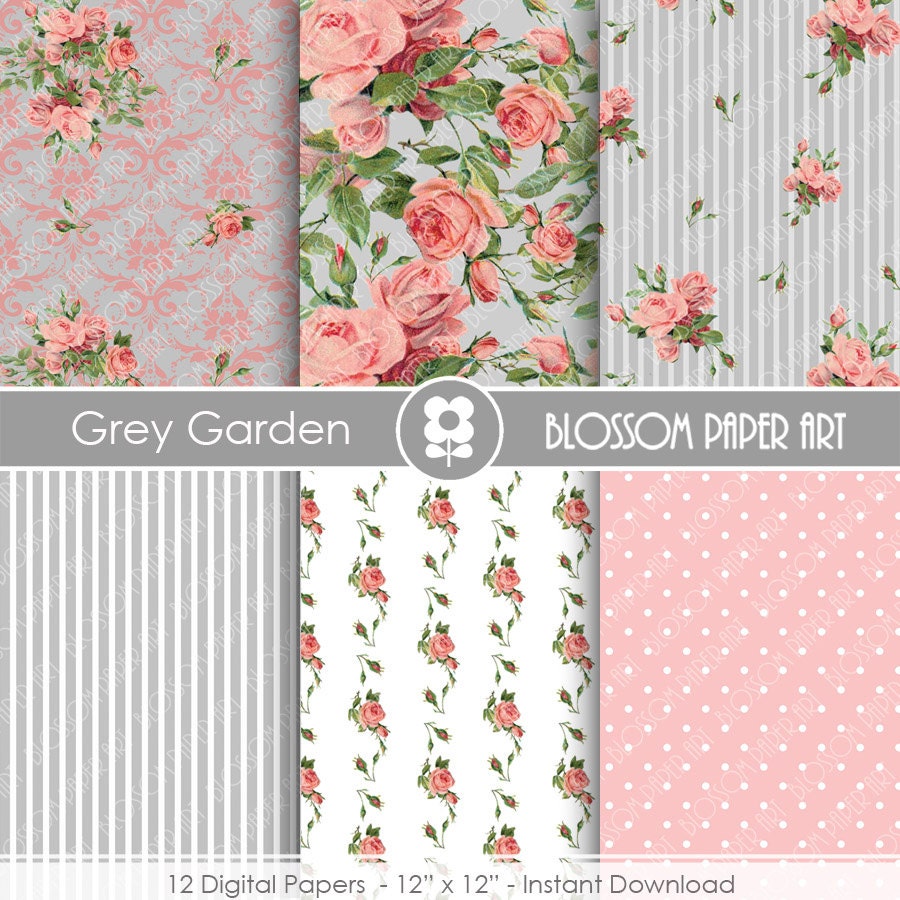 Pink and Grey Floral Digital Paper Garden Shabby Chic Digital - Etsy