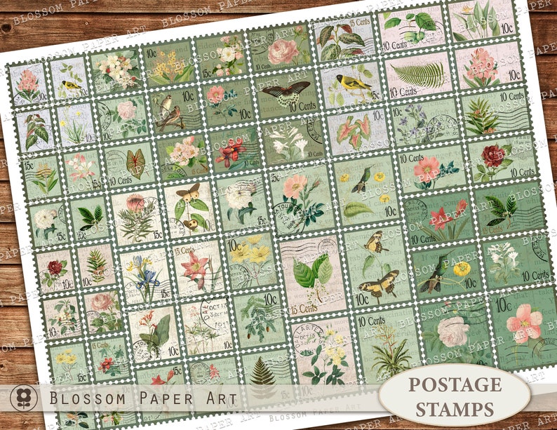 Printable Postage Stamps Collage Sheet Green Postage Stamps - Etsy