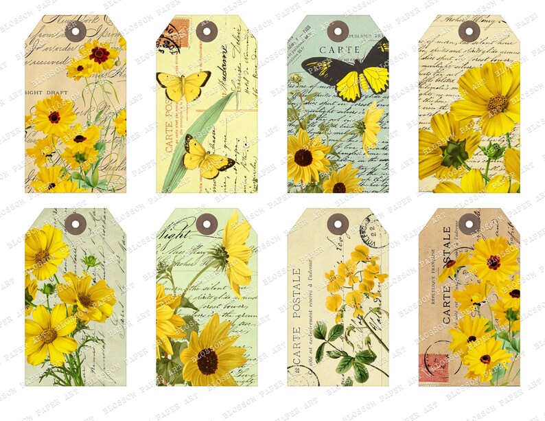 Printable FLORAL Gift Tags Vintage Flowers Digital Collage | Etsy Canada