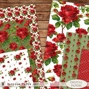 Rose Digital Paper, Red Rose Digital Paper Pack, Red Floral ...