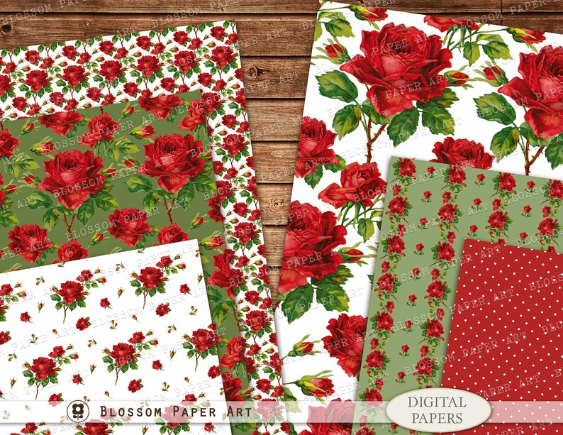 Rose Digital Paper Red Rose Digital Paper Pack Red Floral | Etsy
