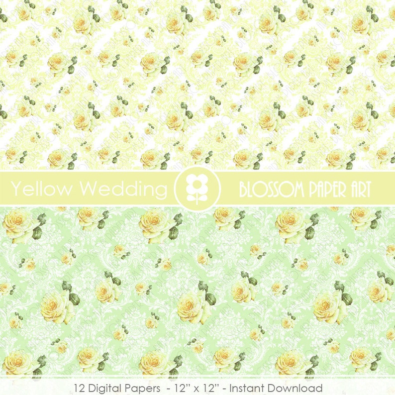 Yellow Wedding Scrapbook Paper Green Floral Digital Paper - Etsy