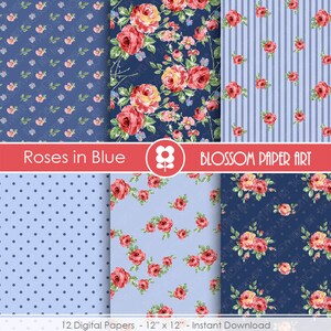 Blue Navy Digital Paper Pack, Blue Floral Scrapbooking, Cottage Papers ...