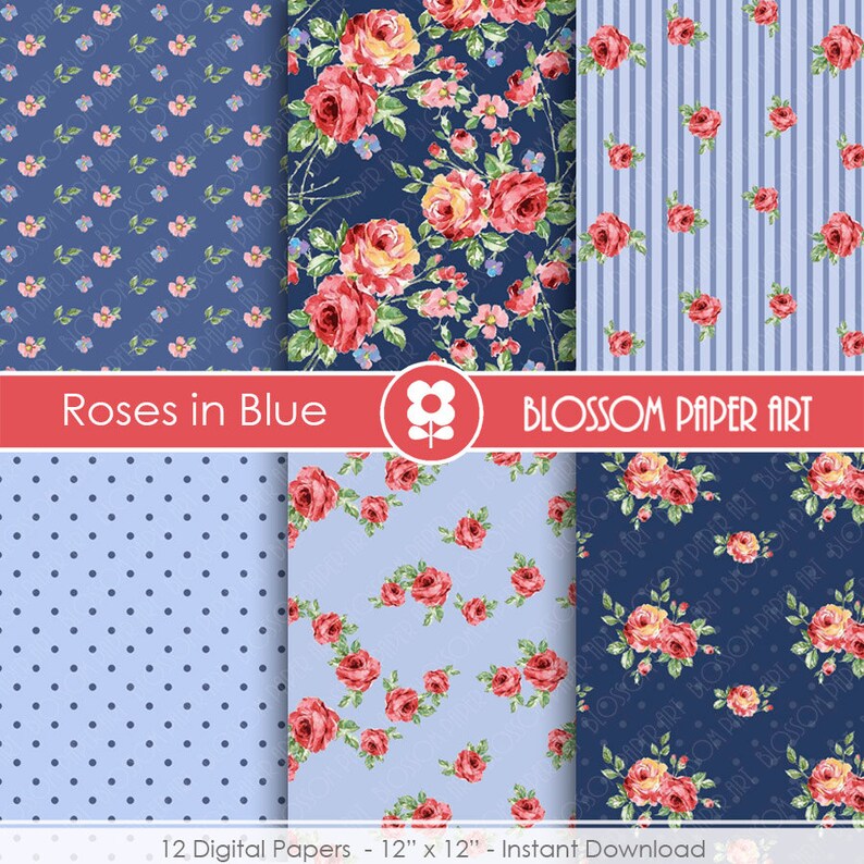 Blue Navy Digital Paper Pack Blue Floral Scrapbooking - Etsy