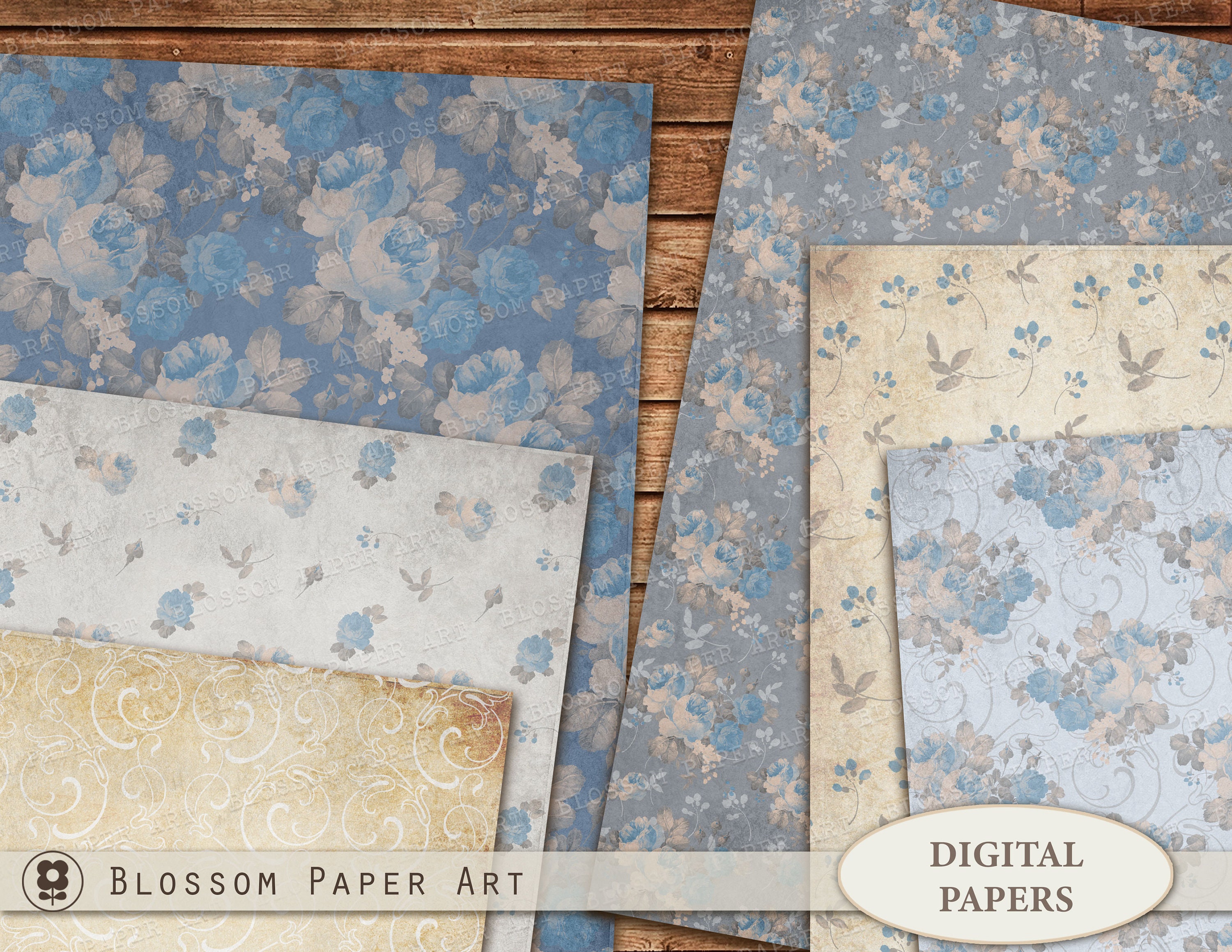 Blue Floral Digital Paper Vintage Scrapbook Paper Roses | Etsy