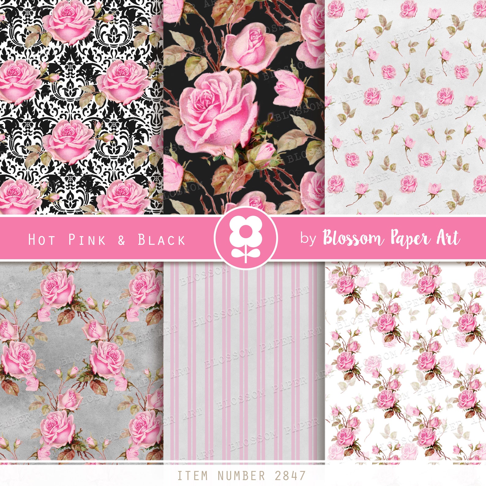 Hot Pink and Black Digital Paper Shabby Chic Scrapbook Paper - Etsy