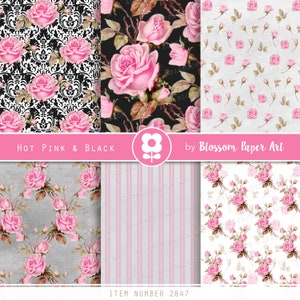 Hot Pink and Black Digital Paper, Shabby Chic Scrapbook Paper, Pink ...