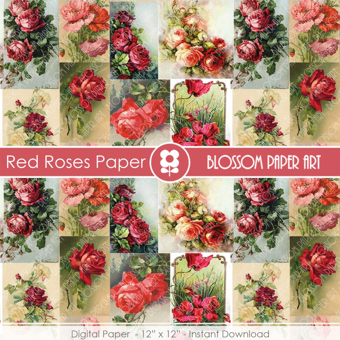Red Roses Digital Paper Vintage Roses Collage Sheet Antique - Etsy