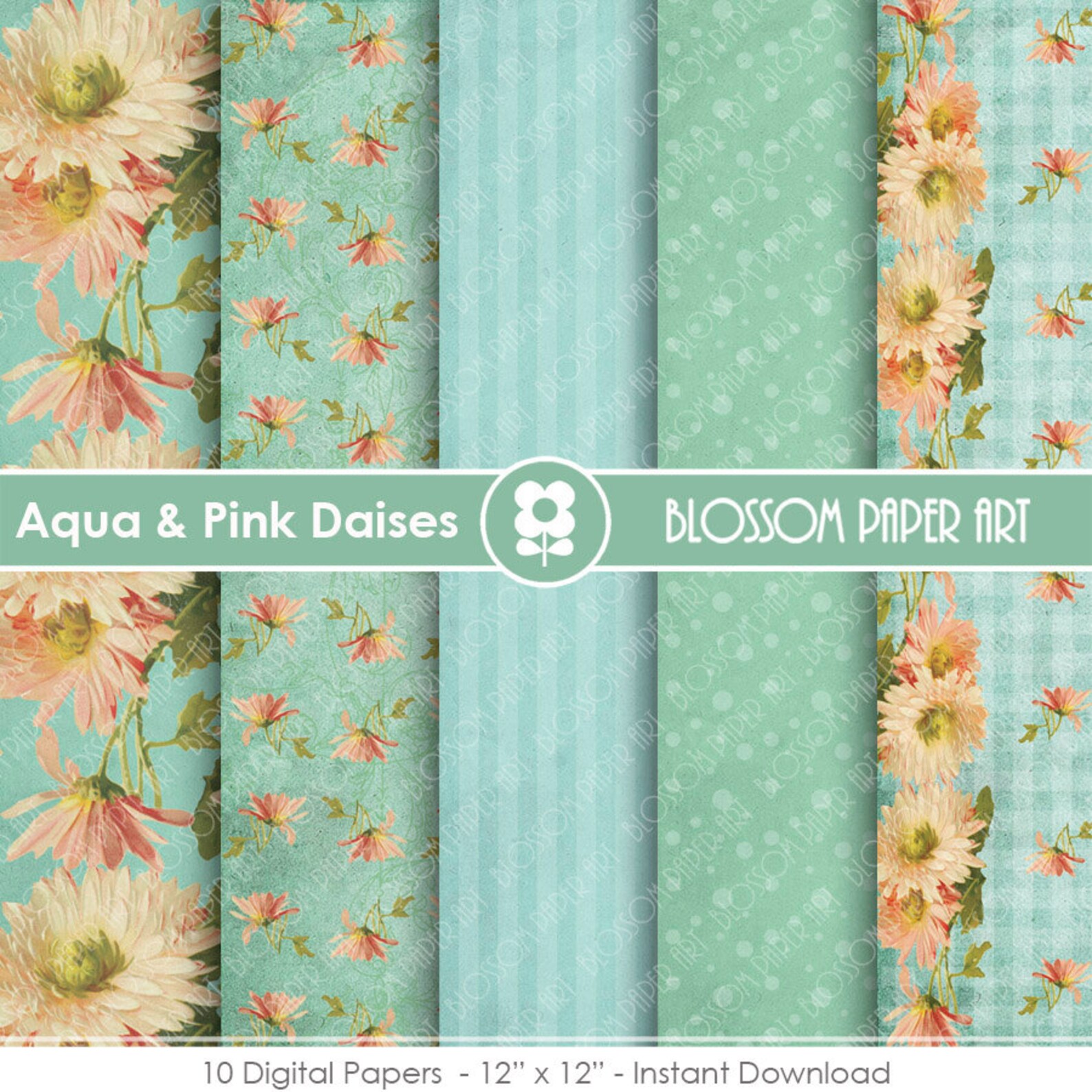 Digital Paper Aqua Floral Digital Paper Pack Daisies Floral | Etsy