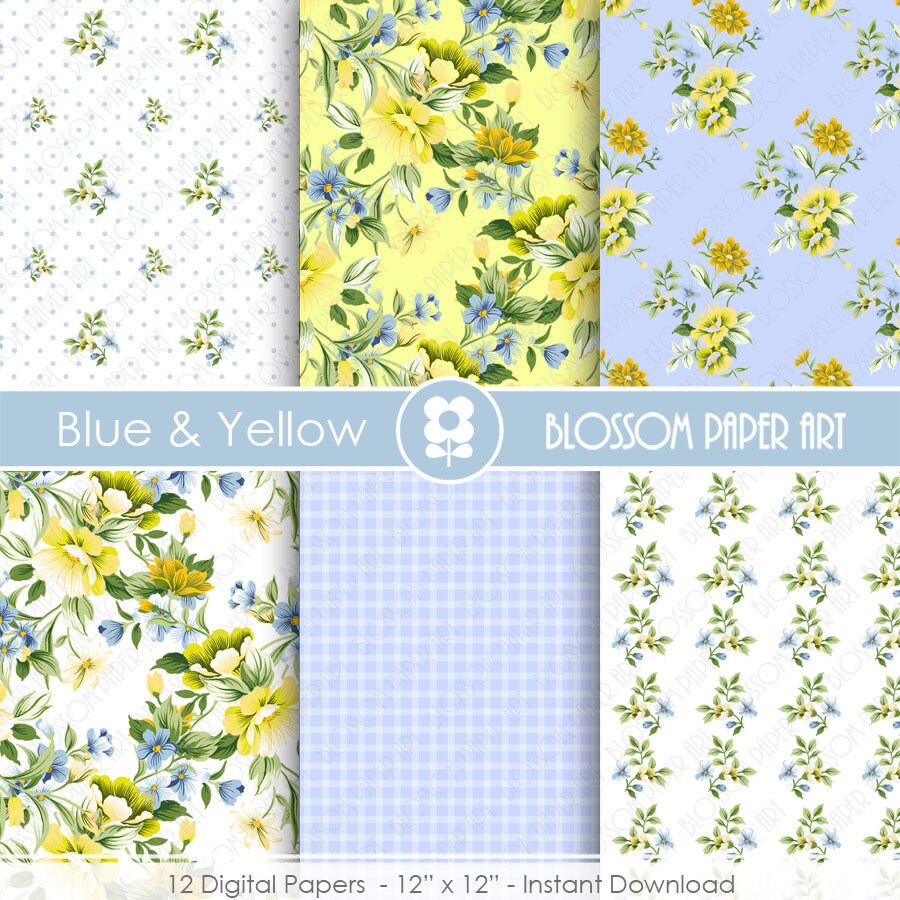 Floral Digital Paper Floral Digital Paper Pack Yellow Blue - Etsy