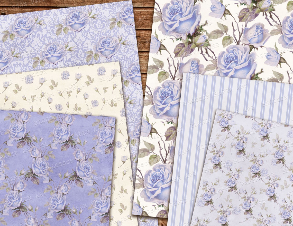Blue Scrapbook Paper Vintage Digital Paper Rose Collage | Etsy
