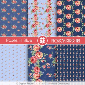 Blue Navy Digital Paper Pack, Blue Floral Scrapbooking, Cottage Papers ...
