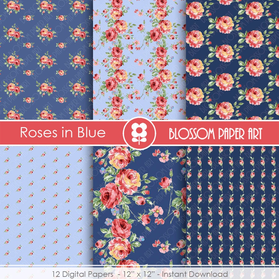 Blue Navy Digital Paper Pack Blue Floral Scrapbooking - Etsy